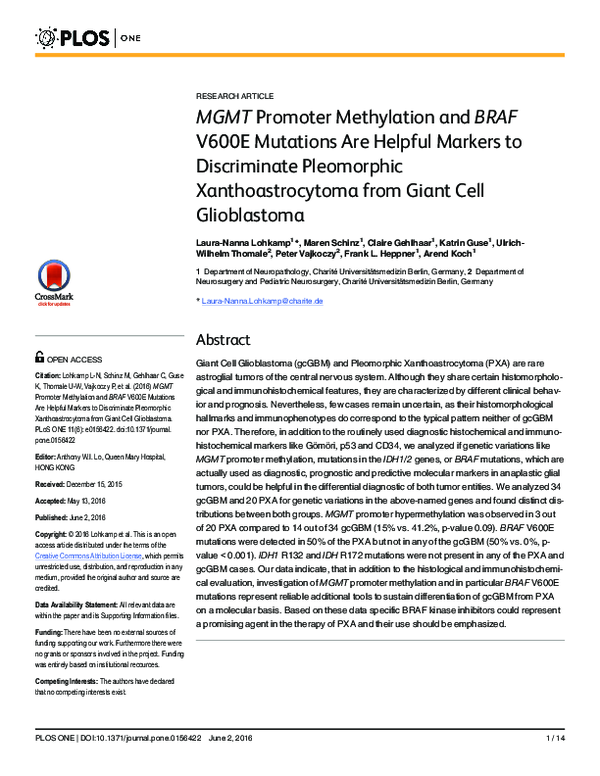 (PDF) MGMT Promoter Methylation and BRAF V600E Mutations Are Helpful Markers to Discriminate ...