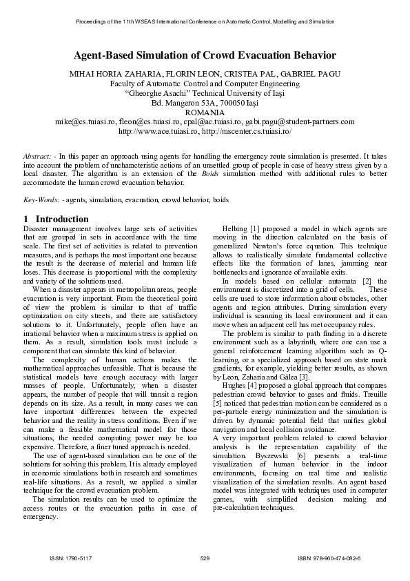 (PDF) Agent-based simulation of crowd evacuation behavior