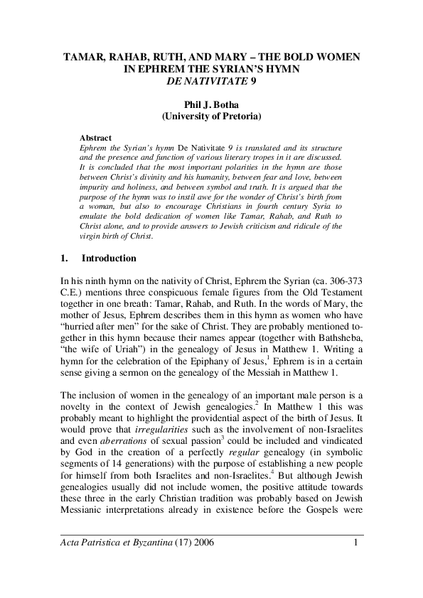 (PDF) Tamar, Rahab, Ruth, and Mary—The Bold Women in Ephrem the Syrian ...