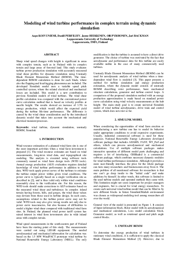 Pdf Modeling Of Wind Turbine Performance In Complex Terrain Using Dynamic Simulation