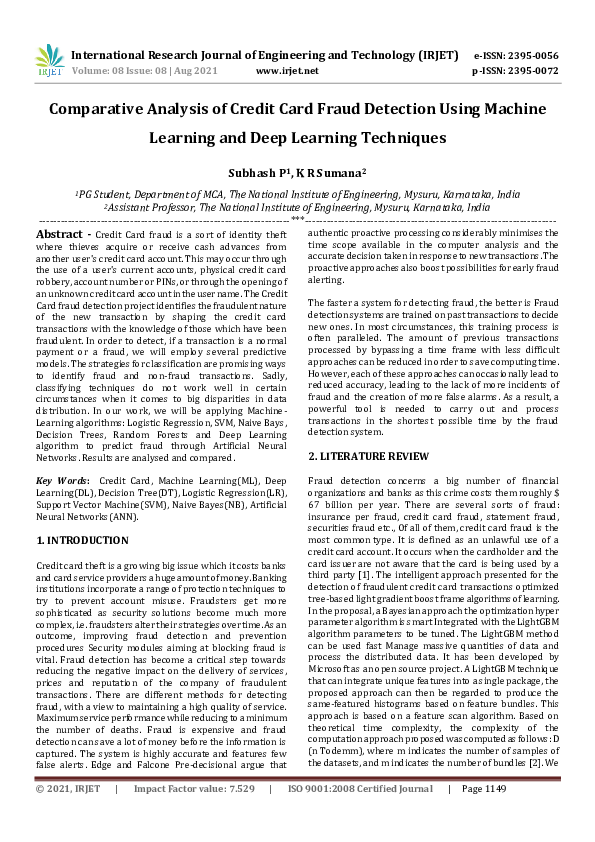 (PDF) IRJET- Comparative Analysis of Credit Card Fraud Detection Using Machine Learning and Deep ...
