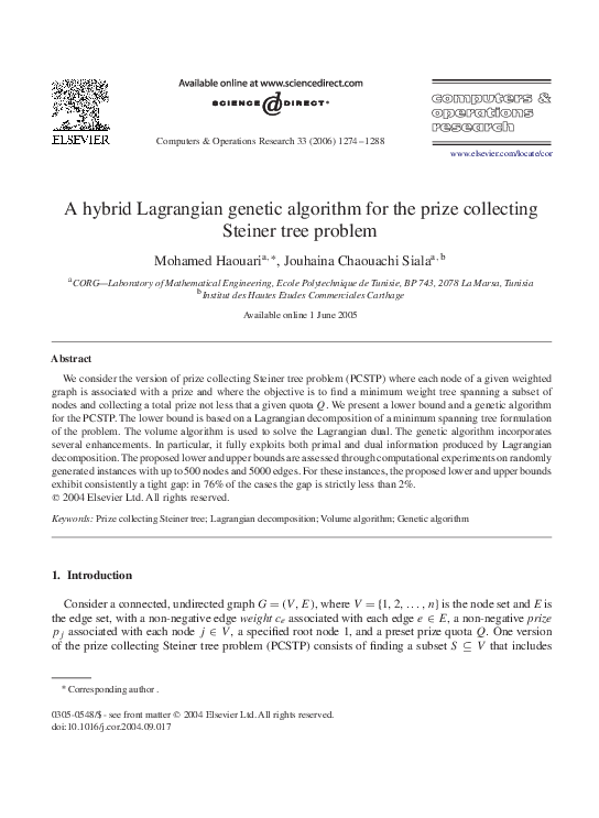 (PDF) A hybrid Lagrangian genetic algorithm for the prize collecting Steiner tree problem