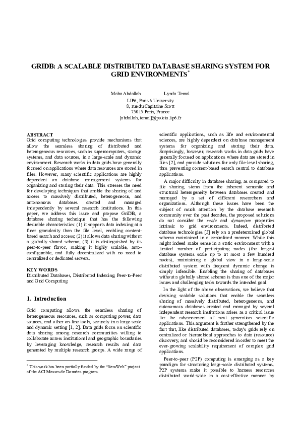 (PDF) Gridb: A Scalable Distributed Database Sharing System for Grid Environments