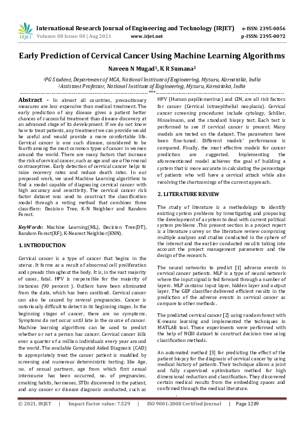 Pdf Irjet Early Prediction Of Cervical Cancer Using Machine Learning Algorithms