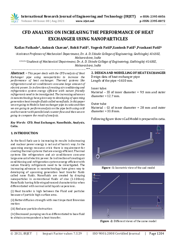 (PDF) IRJET- CFD ANALYSIS ON INCREASING THE PERFORMANCE OF HEAT EXCHANGER USING NANOPARTICLES