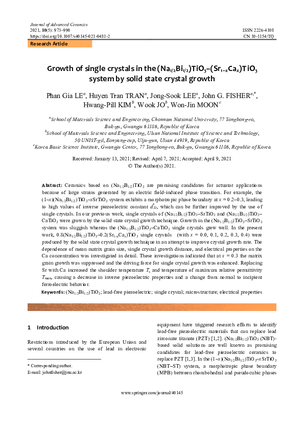 (PDF) Growth of single crystals in the (Na1/2Bi1/2)TiO3–(Sr1–xCax)TiO3 ...