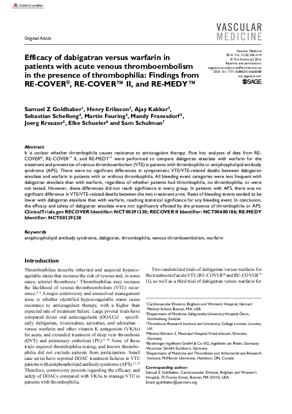 (PDF) Efficacy of dabigatran versus warfarin in patients with acute ...