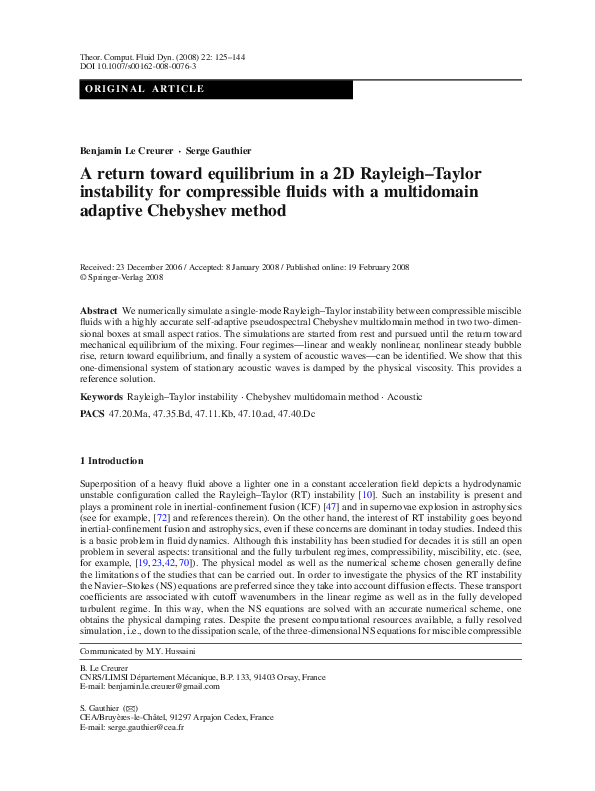 (PDF) A return toward equilibrium in a 2D Rayleigh–Taylor instability for compressible fluids ...