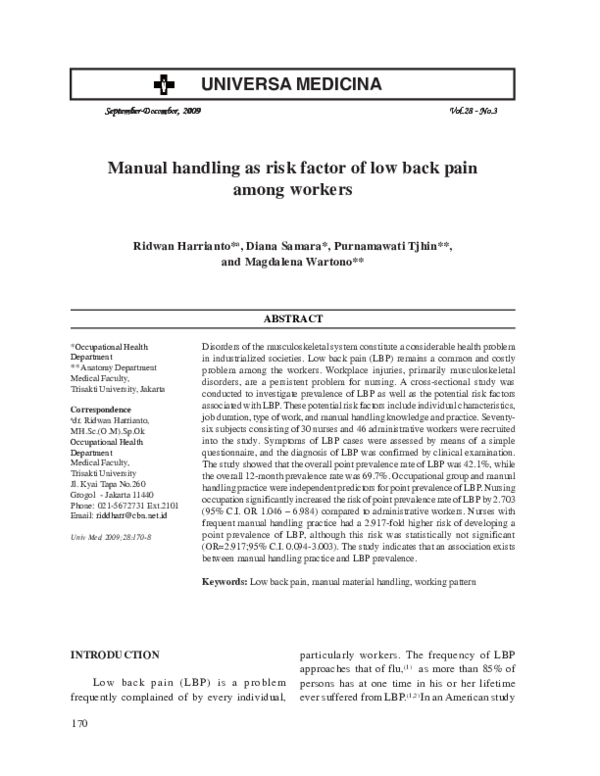 (PDF) Manual handling as risk factor of low back pain among workers