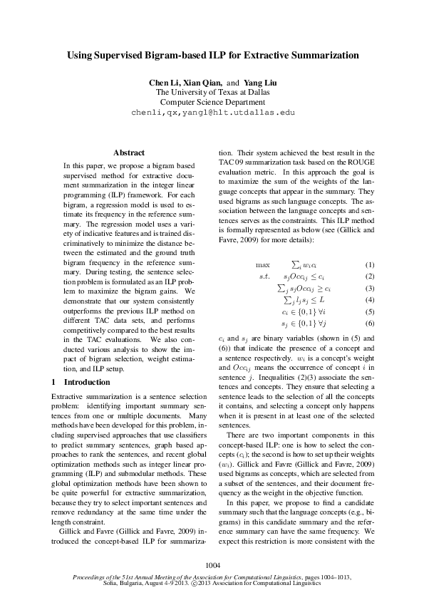 Pdf Using Supervised Bigram Based Ilp For Extractive Summarization