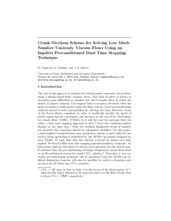 Pdf Crank Nicolson Scheme For Solving Low Mach Number Unsteady Viscous Flows Using An Implicit