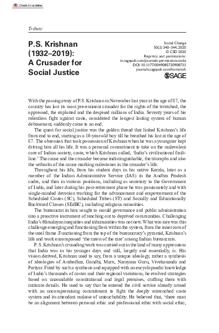 (PDF) P.S. Krishnan (1932–2019): A Crusader for Social Justice