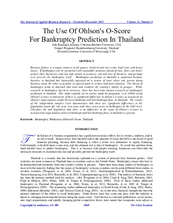 (PDF) The Use Of Ohlson's O-Score For Bankruptcy Prediction In Thailand