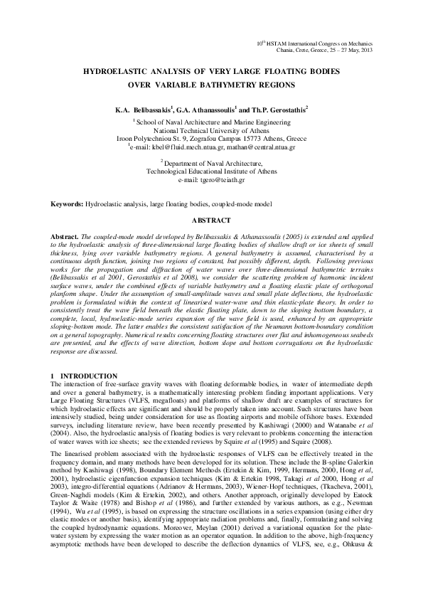 (PDF) Hydroelastic Analysis of Very Large Floating Bodies Over Variable Bathymetry Regions ...