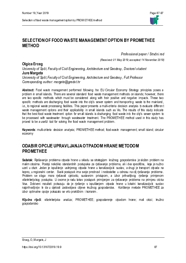 (PDF) Selection of Food Waste Management Option by Promethee Method
