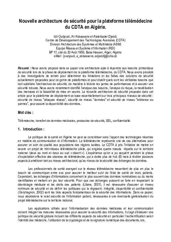 (PDF) Nouvelle architecture de sécurité pour la plateforme télémédecine ...