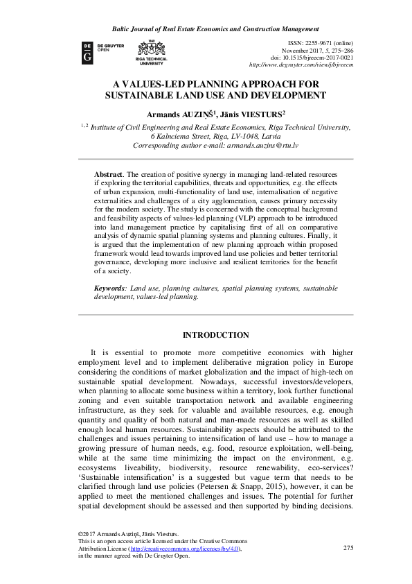 (PDF) A Values-Led Planning Approach for Sustainable Land Use and ...