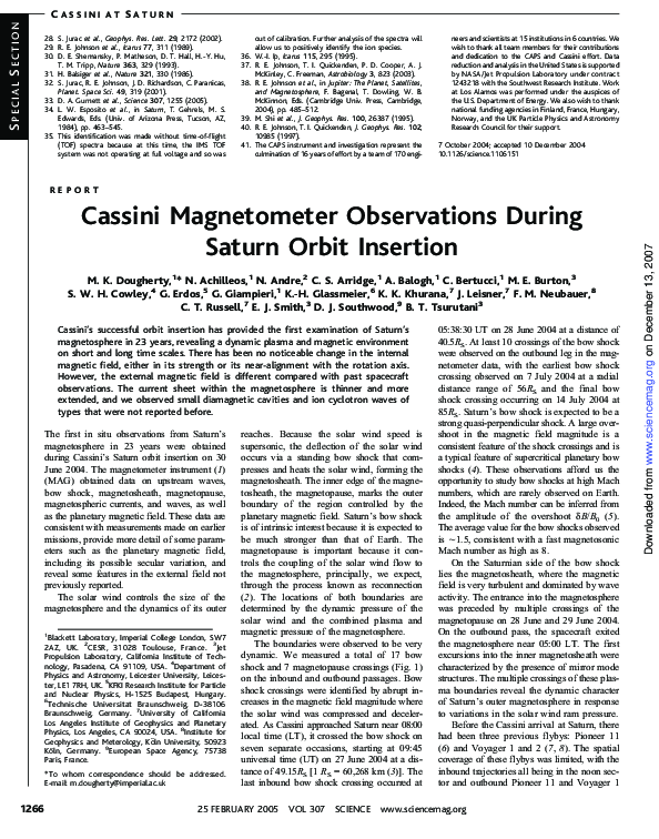 (PDF) Cassini Magnetometer Observations During Saturn Orbit Insertion