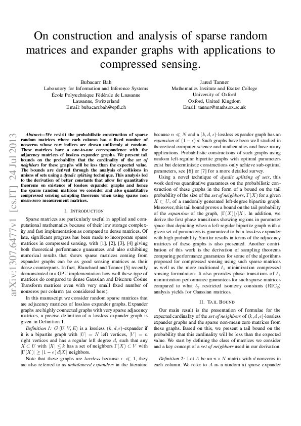 (PDF) On construction and analysis of sparse random matrices and expander graphs with ...