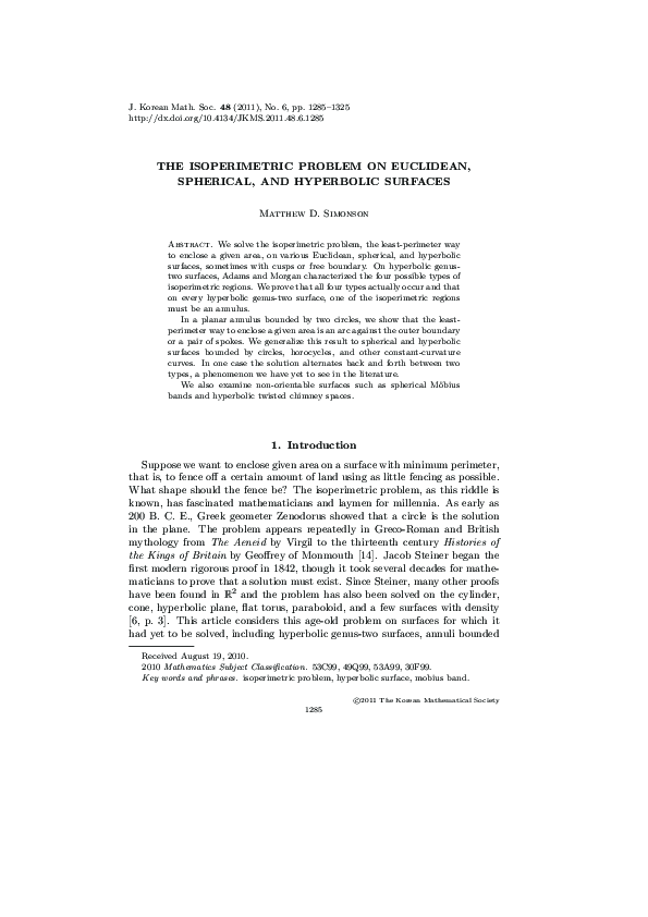 (PDF) The Isoperimetric Problem on Euclidean, Spherical, and Hyperbolic ...