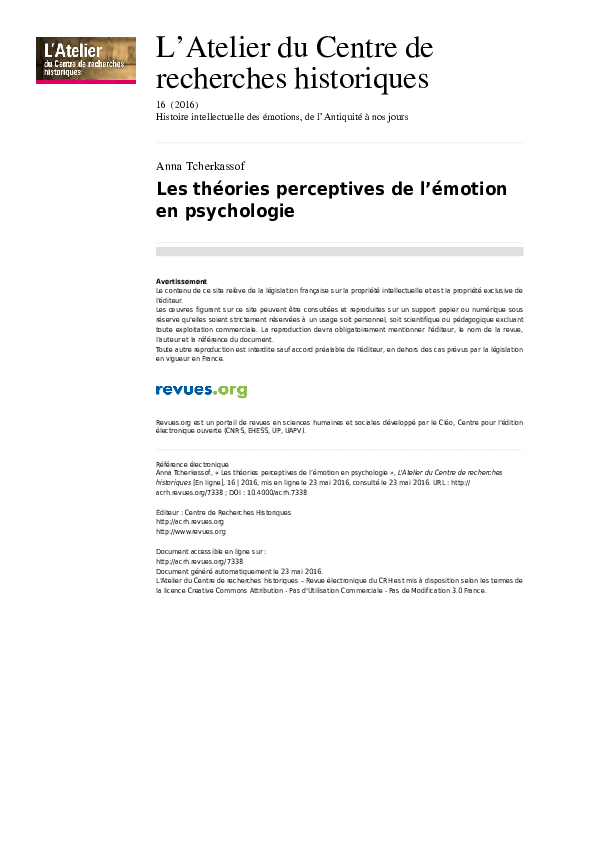 (PDF) Les théories perceptives de l’émotion en psychologie