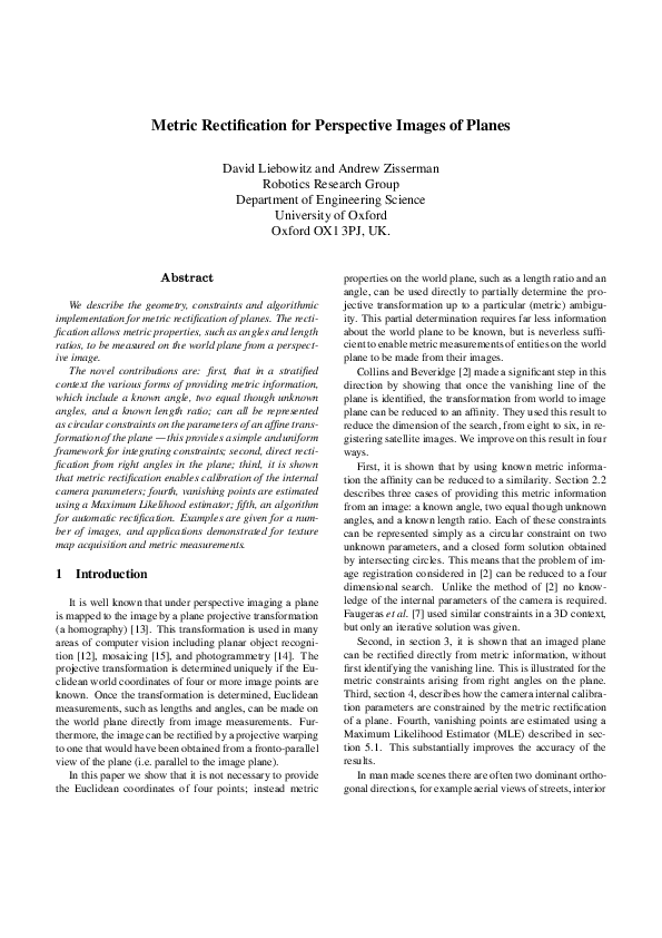 (PDF) Metric Rectification for Perspective Images of Planes | Andrew ...