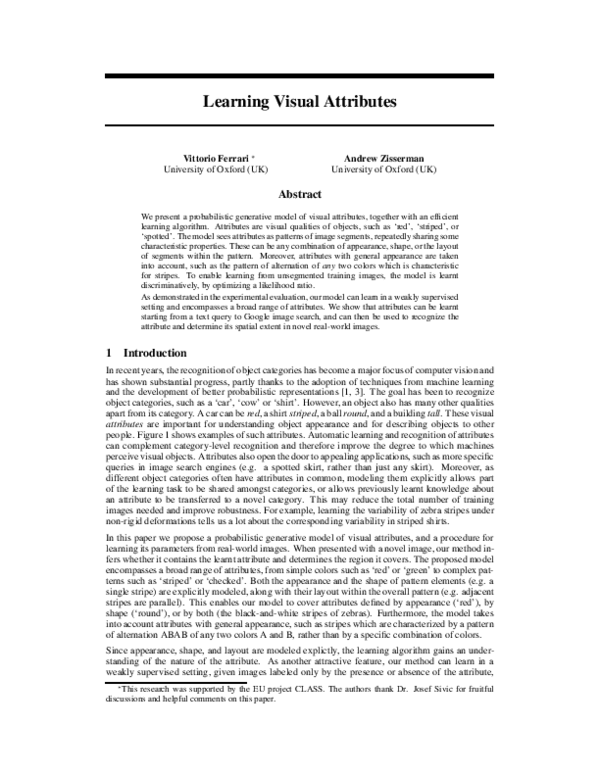 (PDF) Learning visual attributes | Andrew Zisserman - Academia.edu