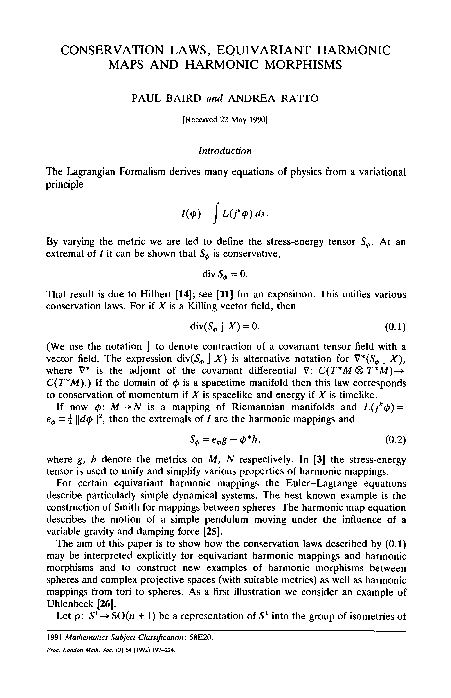(PDF) Conservation Laws, Equivariant Harmonic Maps and Harmonic Morphisms