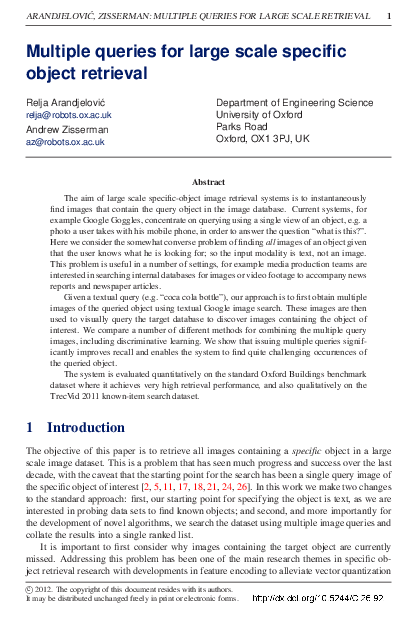 Pdf Multiple Queries For Large Scale Specific Object Retrieval