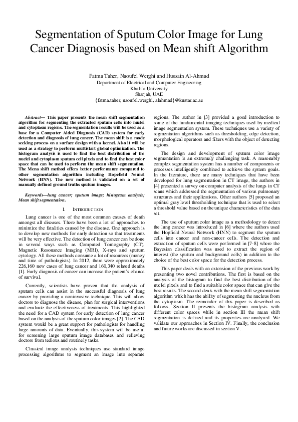 Pdf Segmentation Of Sputum Color Image For Lung Cancer Diagnosis Based On Mean Shift Algorithm