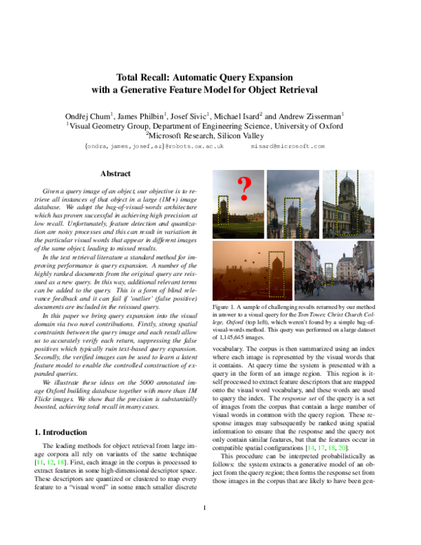 Pdf Total Recall Automatic Query Expansion With A Generative Feature Model For Object