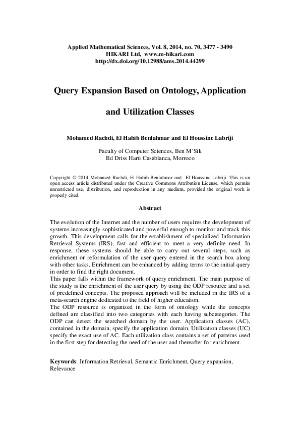 (PDF) Query expansion based on ontology, application and utilization classes
