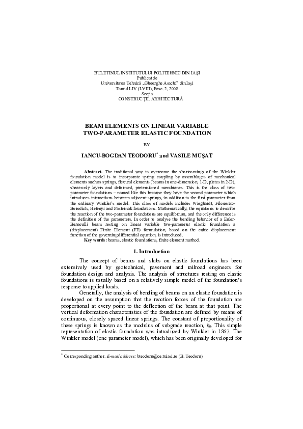 (PDF) Beam Elements on Linear Variable Two-Parameter Elastic Foundation | Musat Vasile ...