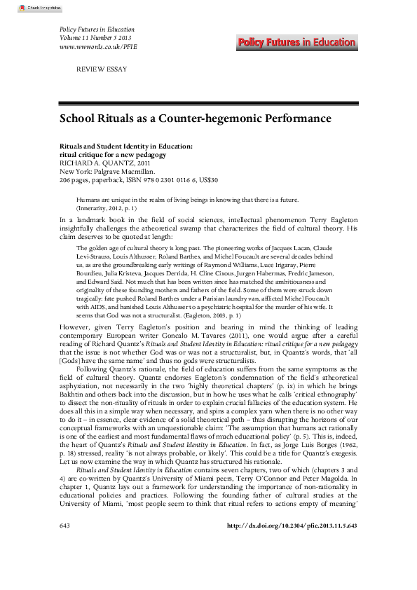 (PDF) School Rituals as a Counter-hegemonic Performance. Review of ...