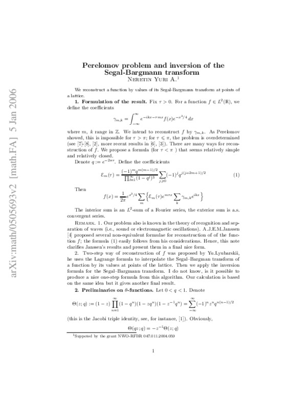 Pdf Perelomov Problem And Inversion Of The Segal Bargmann Transform