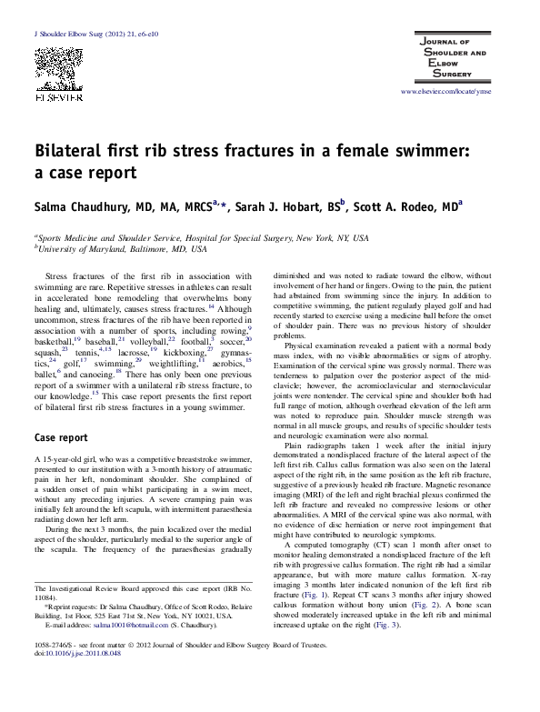 (PDF) Bilateral first rib stress fractures in a female swimmer: a case ...