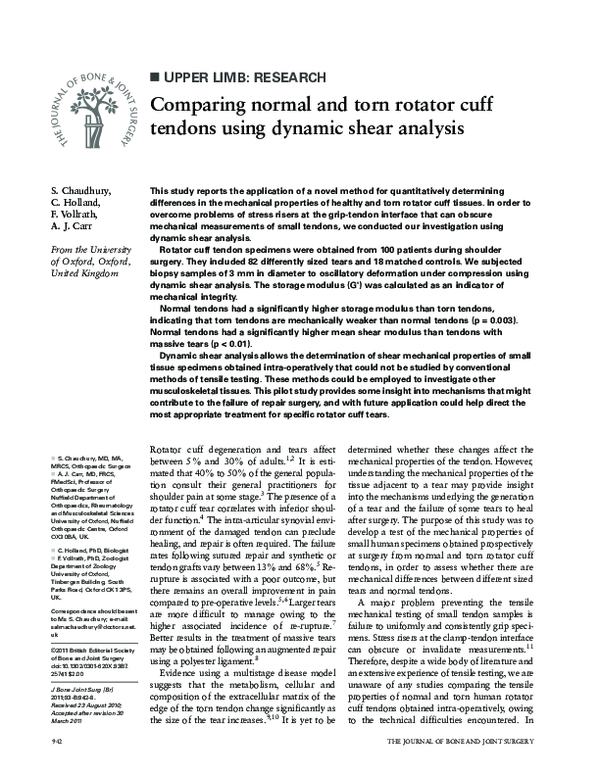 (PDF) Comparing normal and torn rotator cuff tendons using dynamic shear analysis