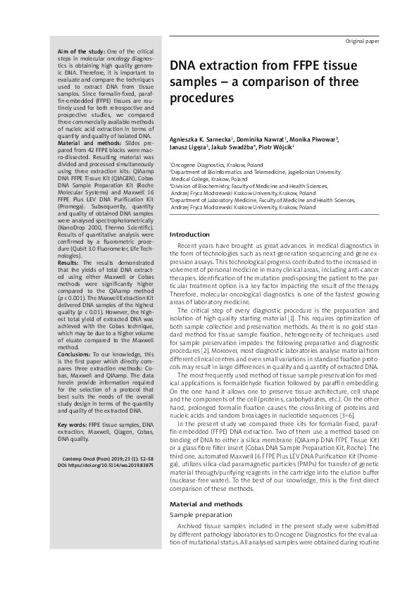 (PDF) DNA extraction from FFPE tissue samples – a comparison of three ...