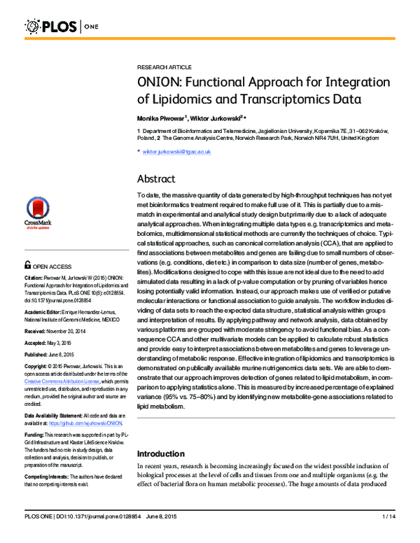 (PDF) ONION: Functional Approach for Integration of Lipidomics and Transcriptomics Data | Monika ...