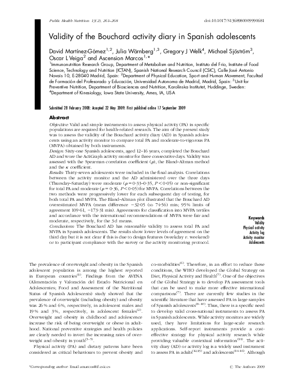 (PDF) Validity of the Bouchard activity diary in Spanish adolescents