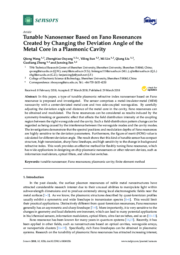 (PDF) Tunable Nanosensor Based on Fano Resonances Created by Changing the Deviation Angle of the ...