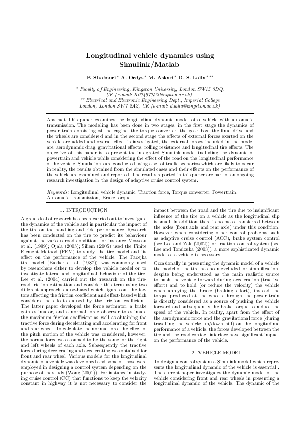 (PDF) Longitudinal vehicle dynamics using Simulink/Matlab