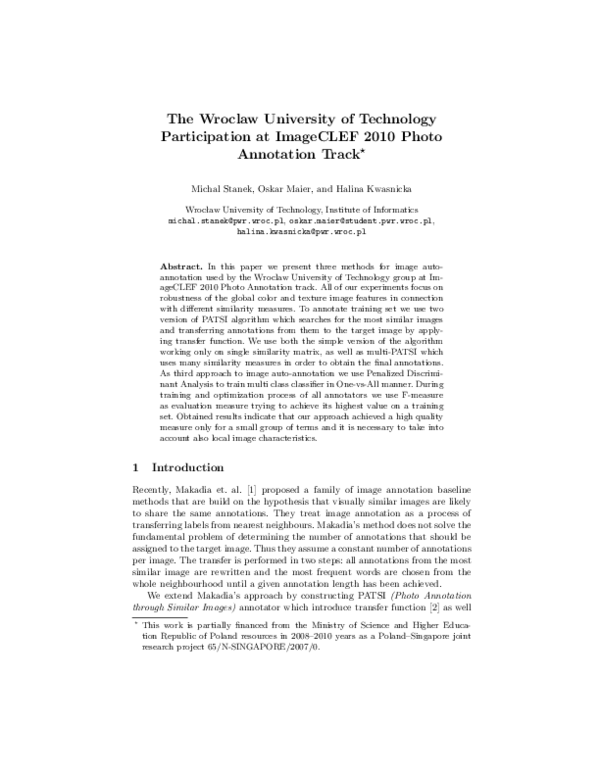 (PDF) The Wroclaw University of Technology Participation at ImageCLEF ...