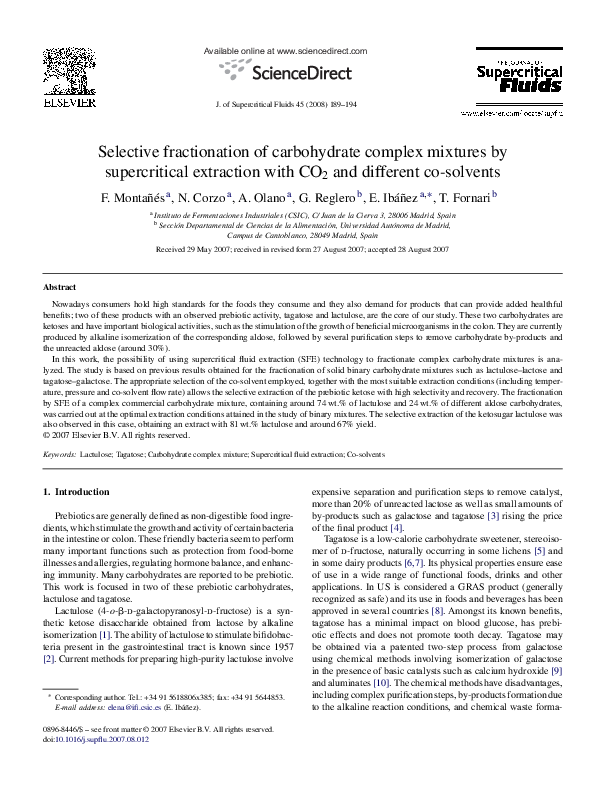 (PDF) Selective fractionation of carbohydrate complex mixtures by supercritical extraction with ...