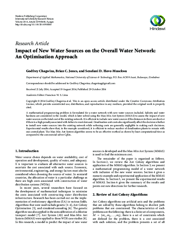 Pdf Impact Of New Water Sources On The Overall Water Network An Optimisation Approach