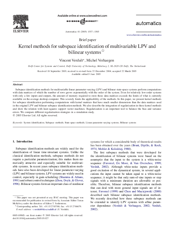 (PDF) Kernel methods for subspace identification of multivariable LPV and bilinear systems