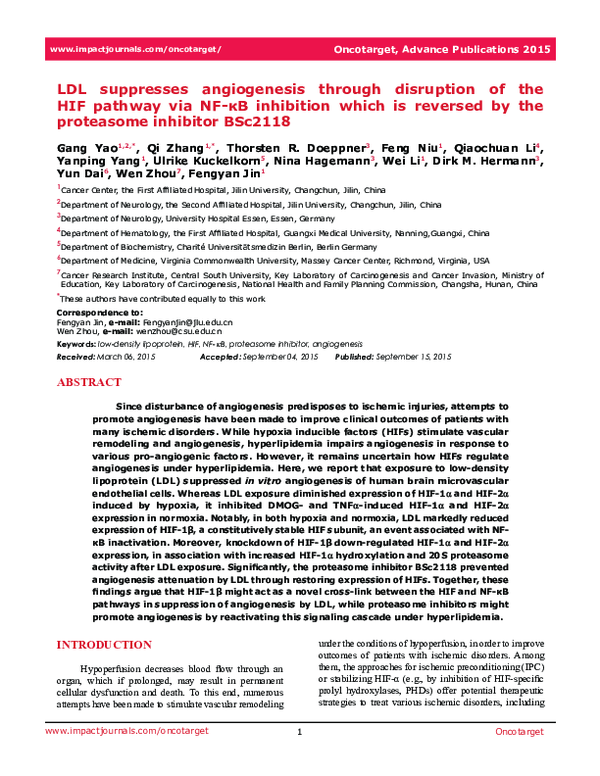 (PDF) LDL suppresses angiogenesis through disruption of the HIF pathway via NF-κB inhibition ...