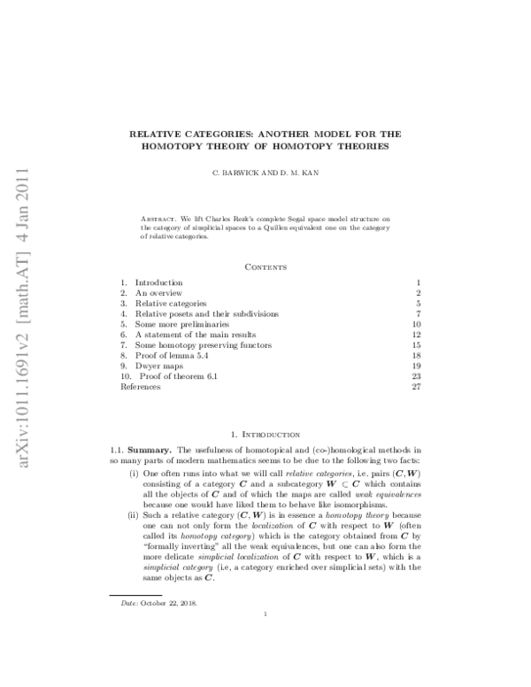 (PDF) Relative categories: Another model for the homotopy theory of ...