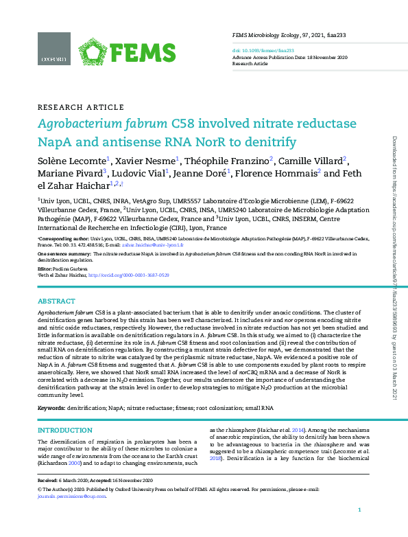 (PDF) Agrobacterium fabrum C58 involved nitrate reductase NapA and ...