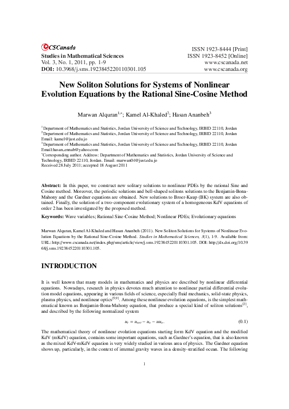 (PDF) New Soliton Solutions for Systems of Nonlinear Evolution Equations by the Rational Sine ...